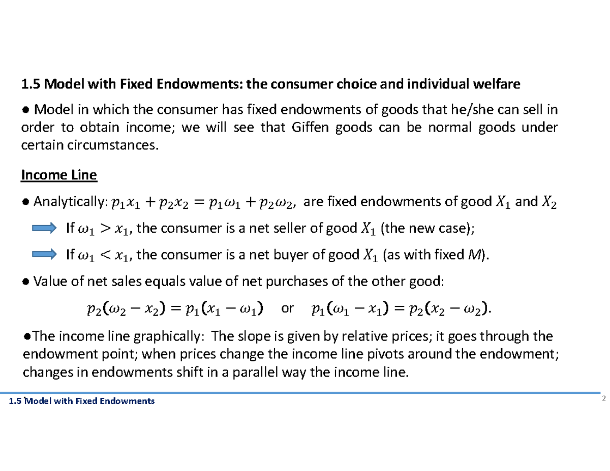 Fixed Endowments - Income Line Analytically: + = + , are fixed ...