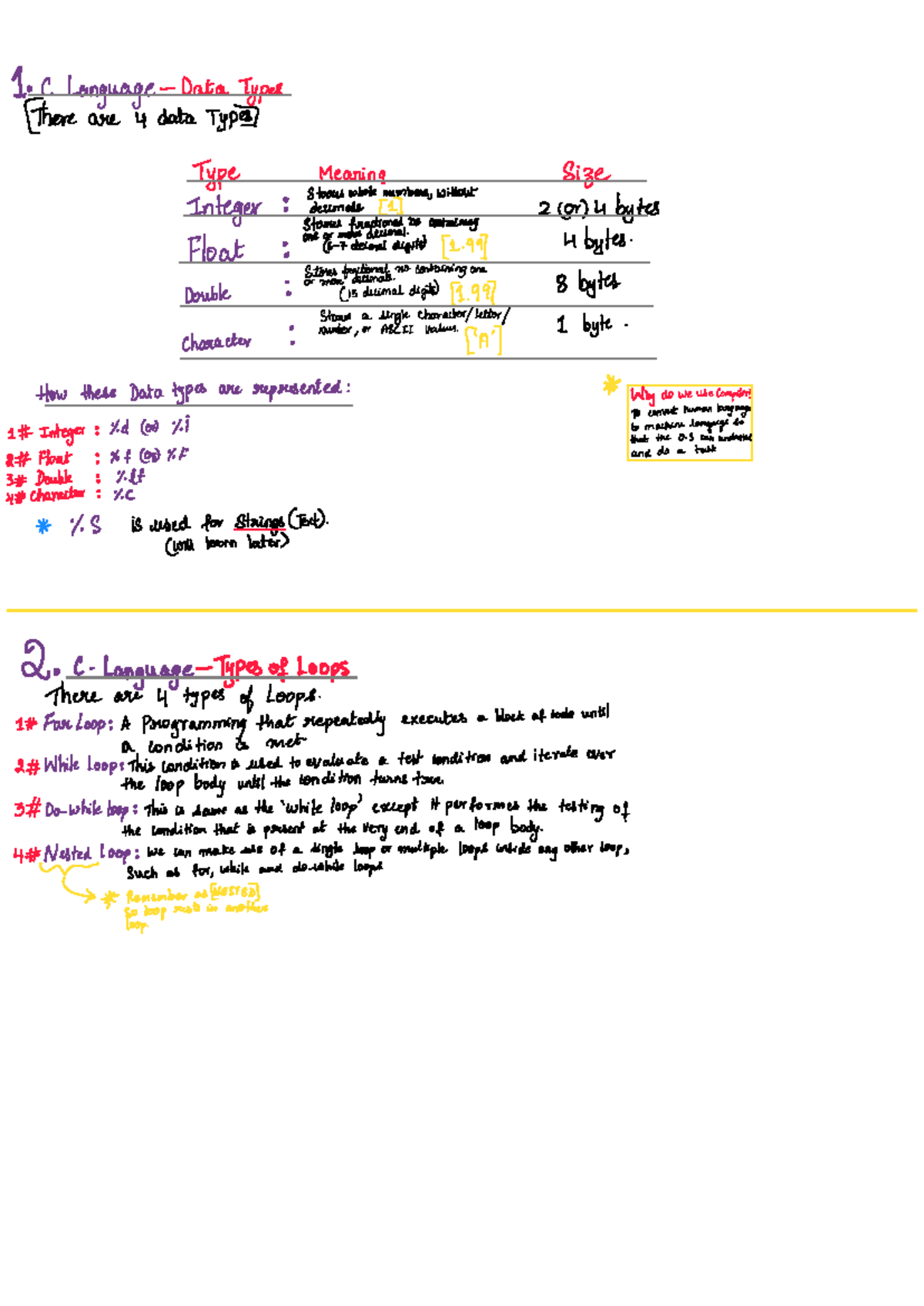 C-Language - Notes - Ty p e F lo at : I nt e ger : d ecima ls. [ 1 ] M ...