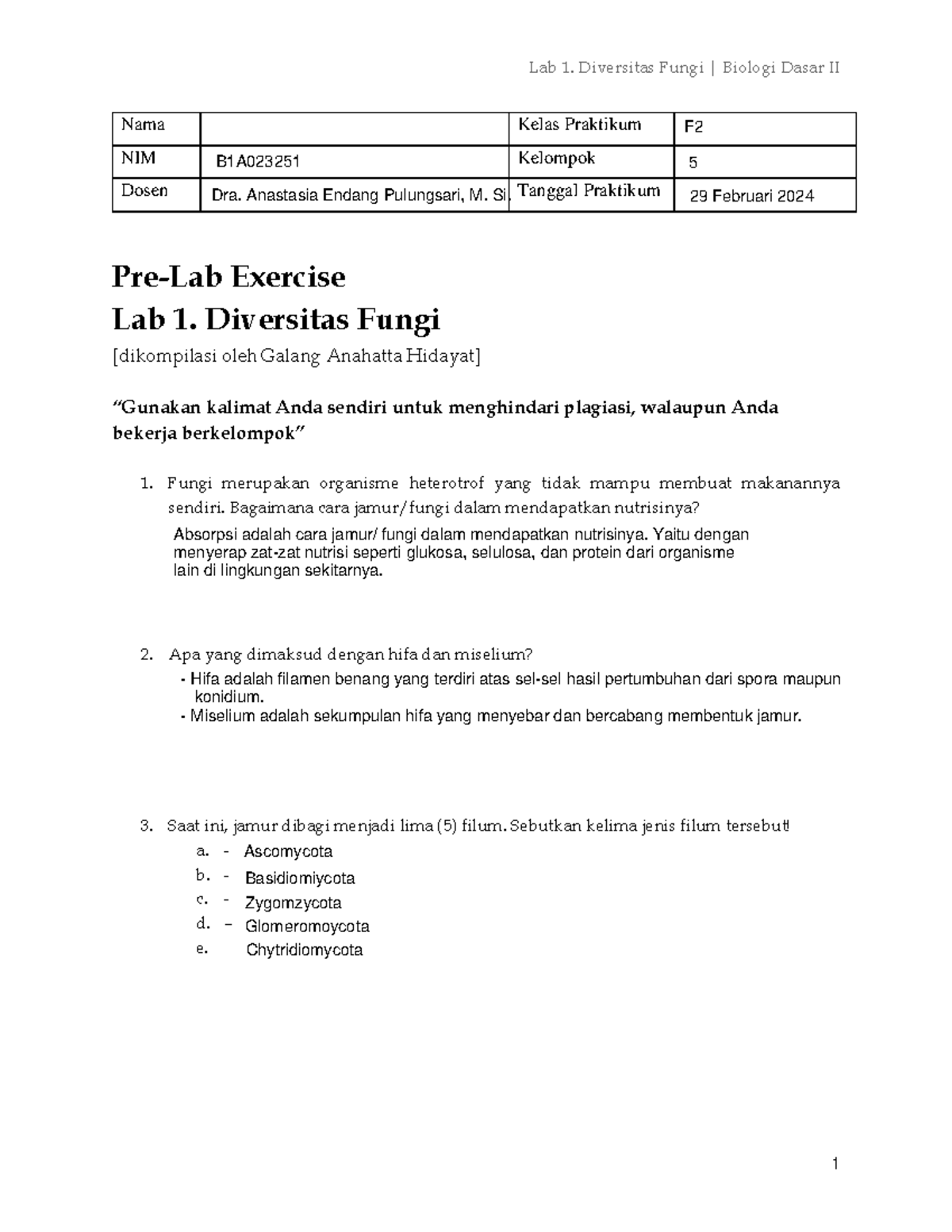Lab1 Diversitas Protista Pre Lab - Lab 1. Diversitas Fungi | Biologi Dasar II 1 Nama Kelas ...