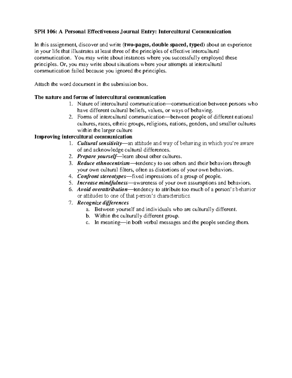 Module 1 Assignment - SPH 106: A Personal Effectiveness Journal Entry: Intercultural ...