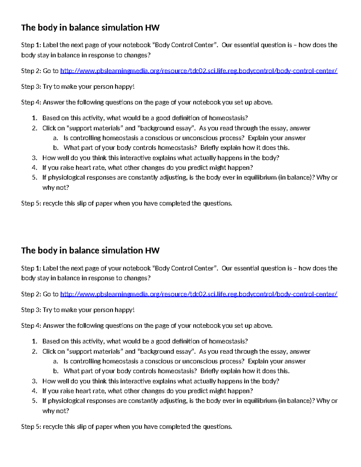 Homeostasis simulation HW - The body in balance simulation HW Step 1 ...