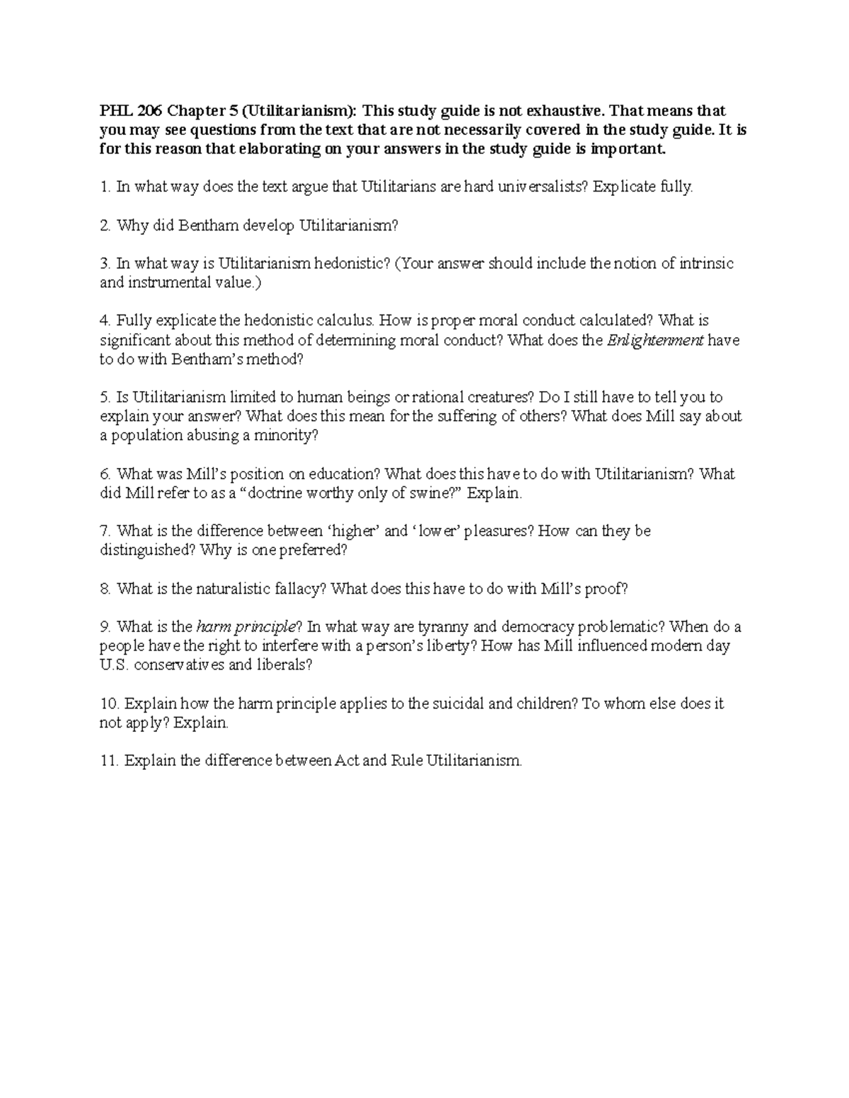 Ch.5 utilitarianism study guide - PHL 206 Chapter 5 (Utilitarianism ...