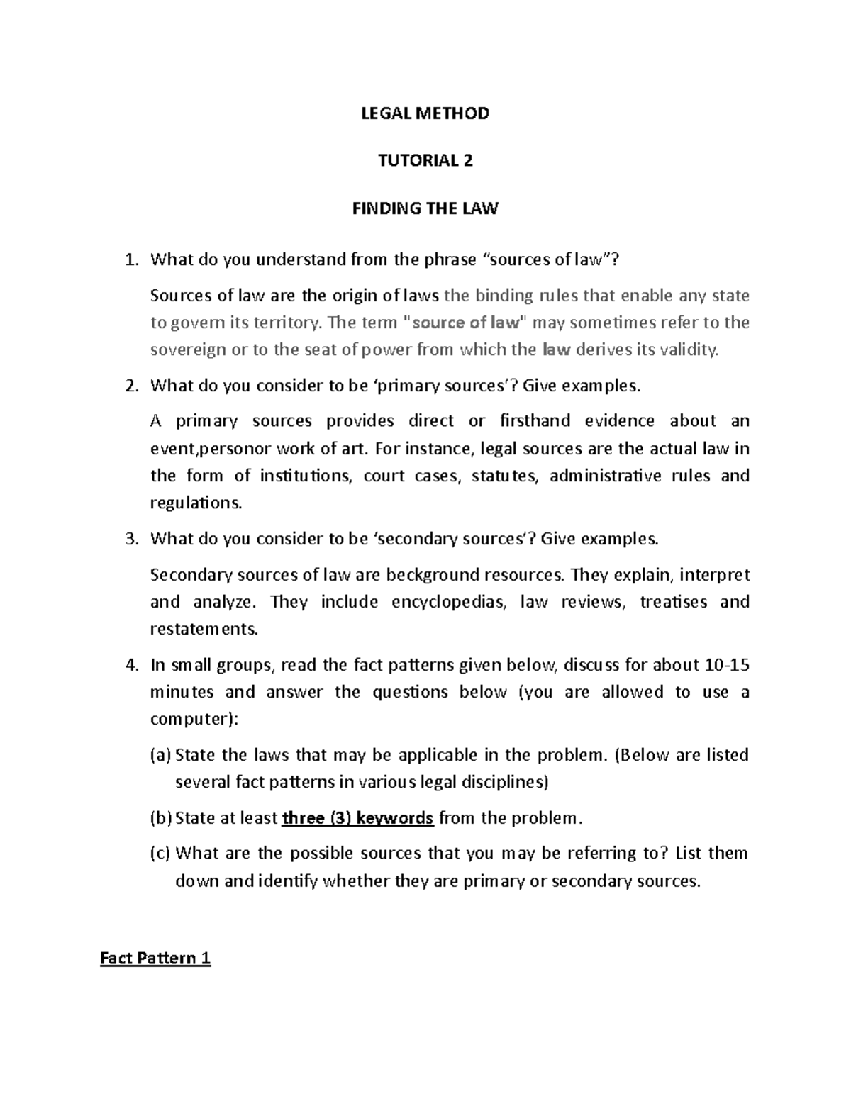 Tutorial 2 Finding the law - LEGAL METHOD TUTORIAL 2 FINDING THE LAW ...