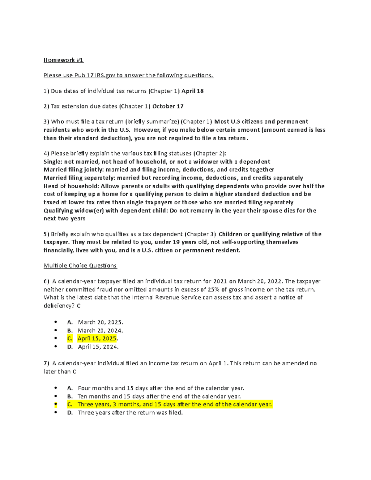 ACCT 323 Homework 1 - week 1 - Homework # Please use Pub 17 IRS to ...