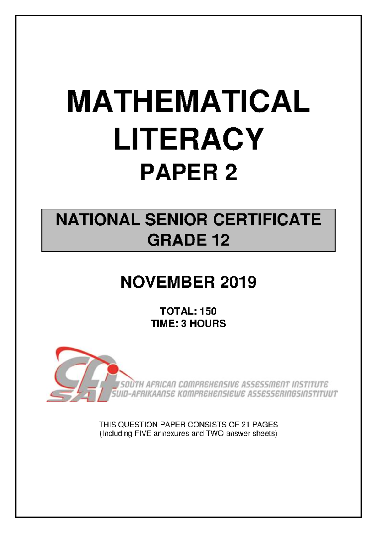 Sacai Math Literacy Paper 2 2019 - MATHEMATICAL LITERACY PAPER 2 ...