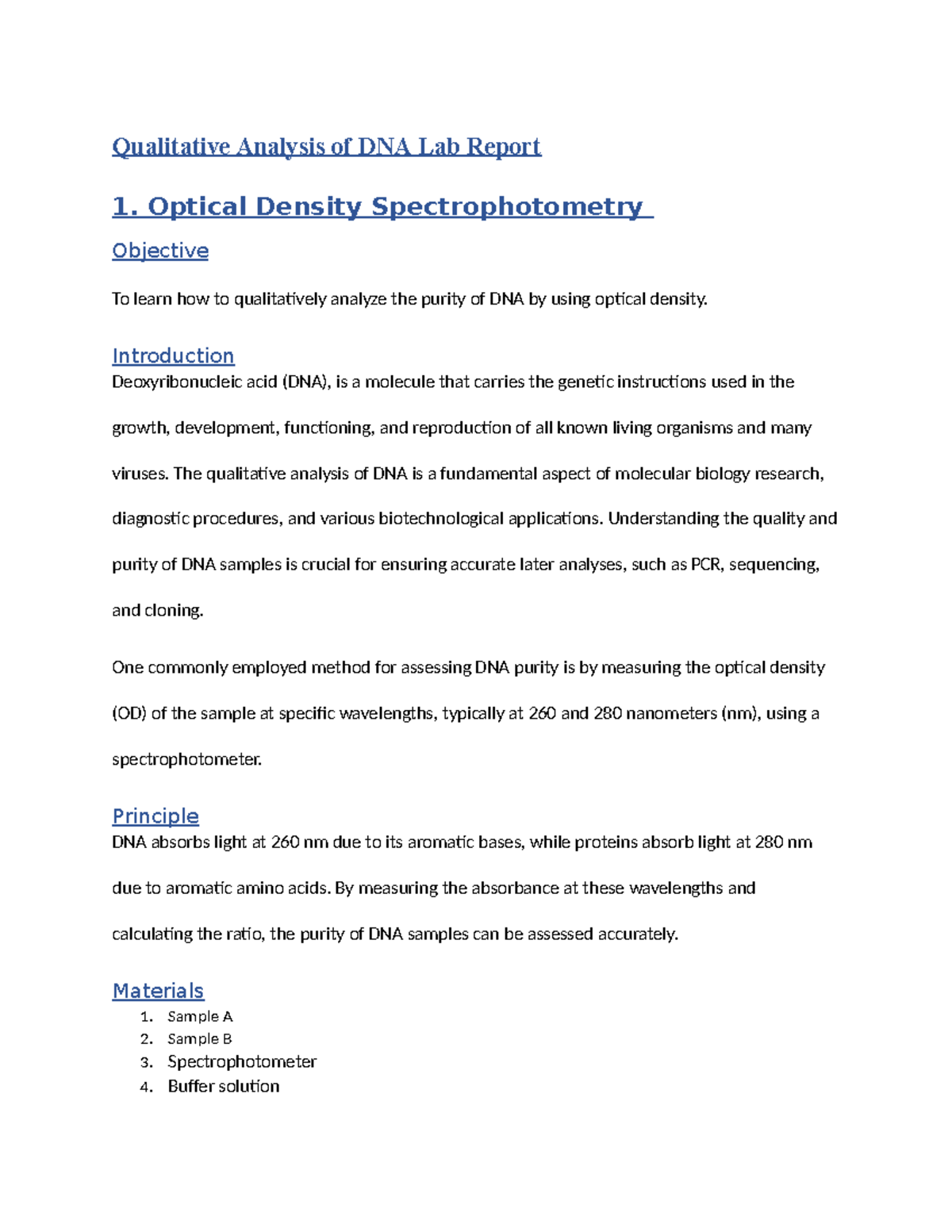 Biotech Lab Report - Qualitative Analysis of DNA Lab Report 1. Optical ...