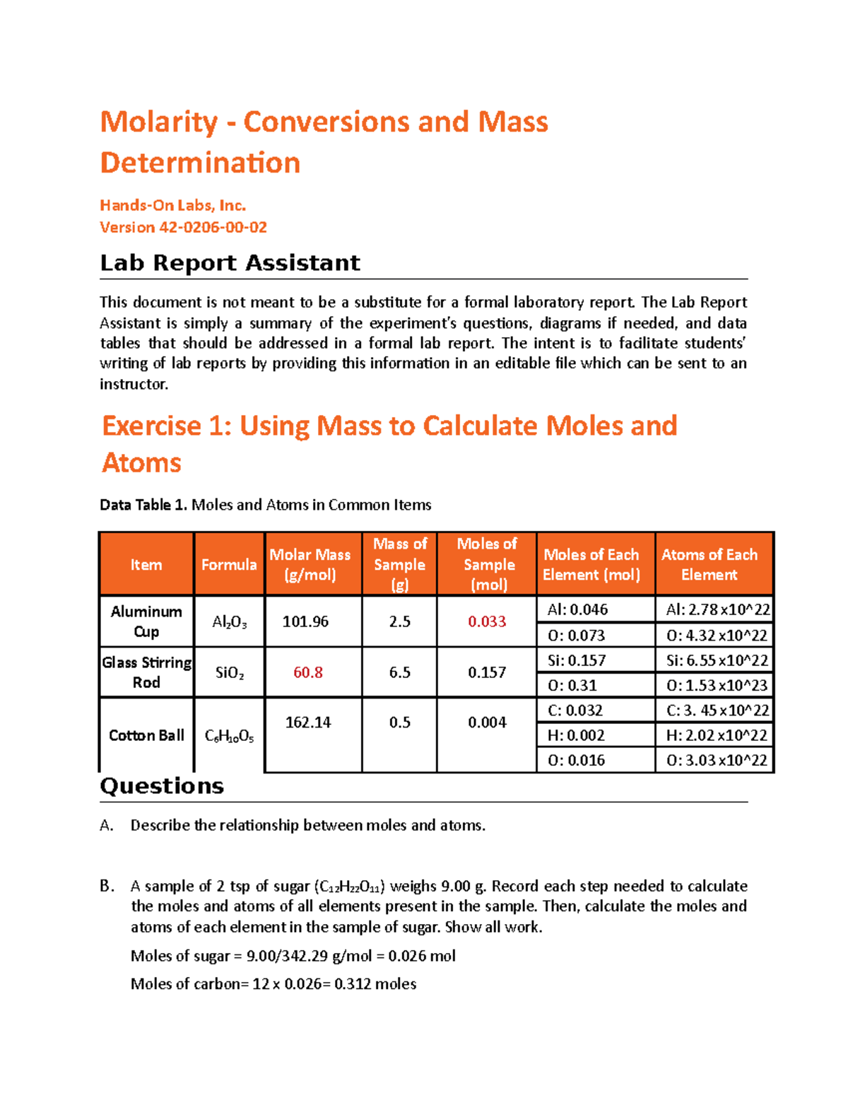 Molarity-Conversions and Mass Determination, Lab Report Assistant ...
