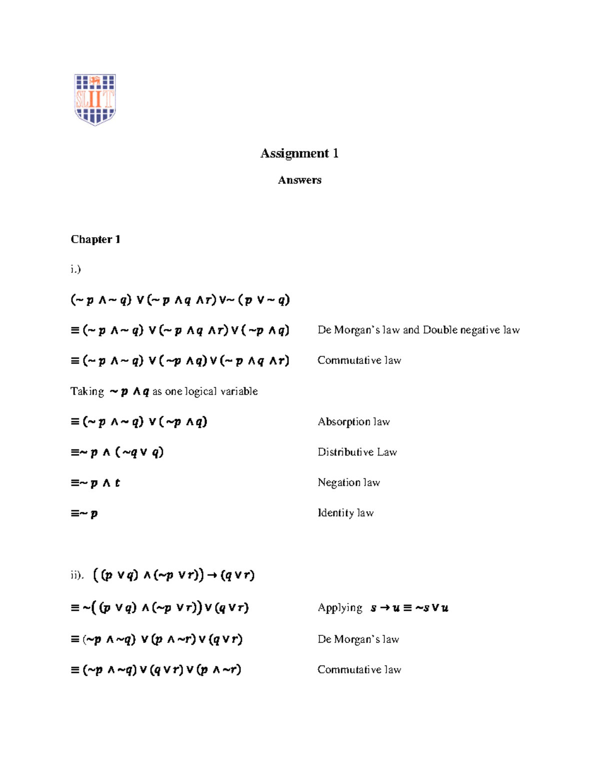 Answers for computer science assignment - Assignment 1 Answers Chapter ...