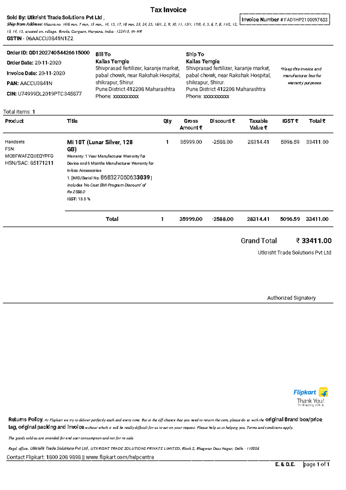 OD120274054426615000 - E. & O. page 1 of 1 *Keep this invoice and ...