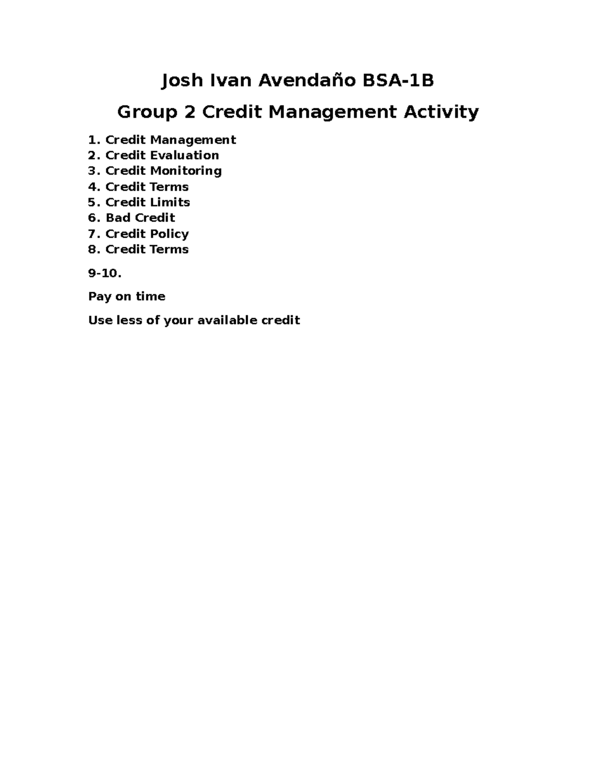 Group 2 credit management Avendaño - Financial Management - Josh Ivan ...