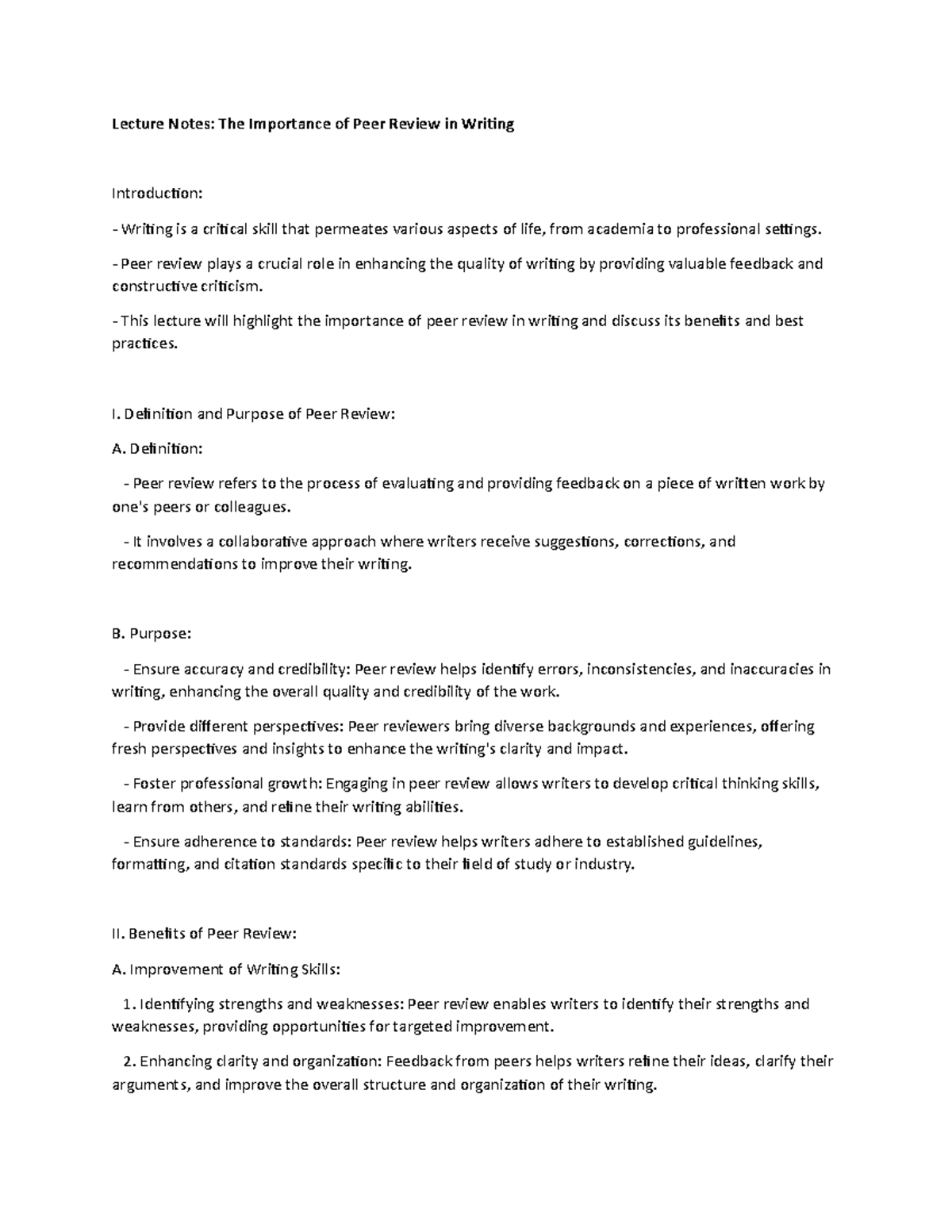 Lecture Notes: The Importance of Peer Review in Writing - Lecture Notes ...
