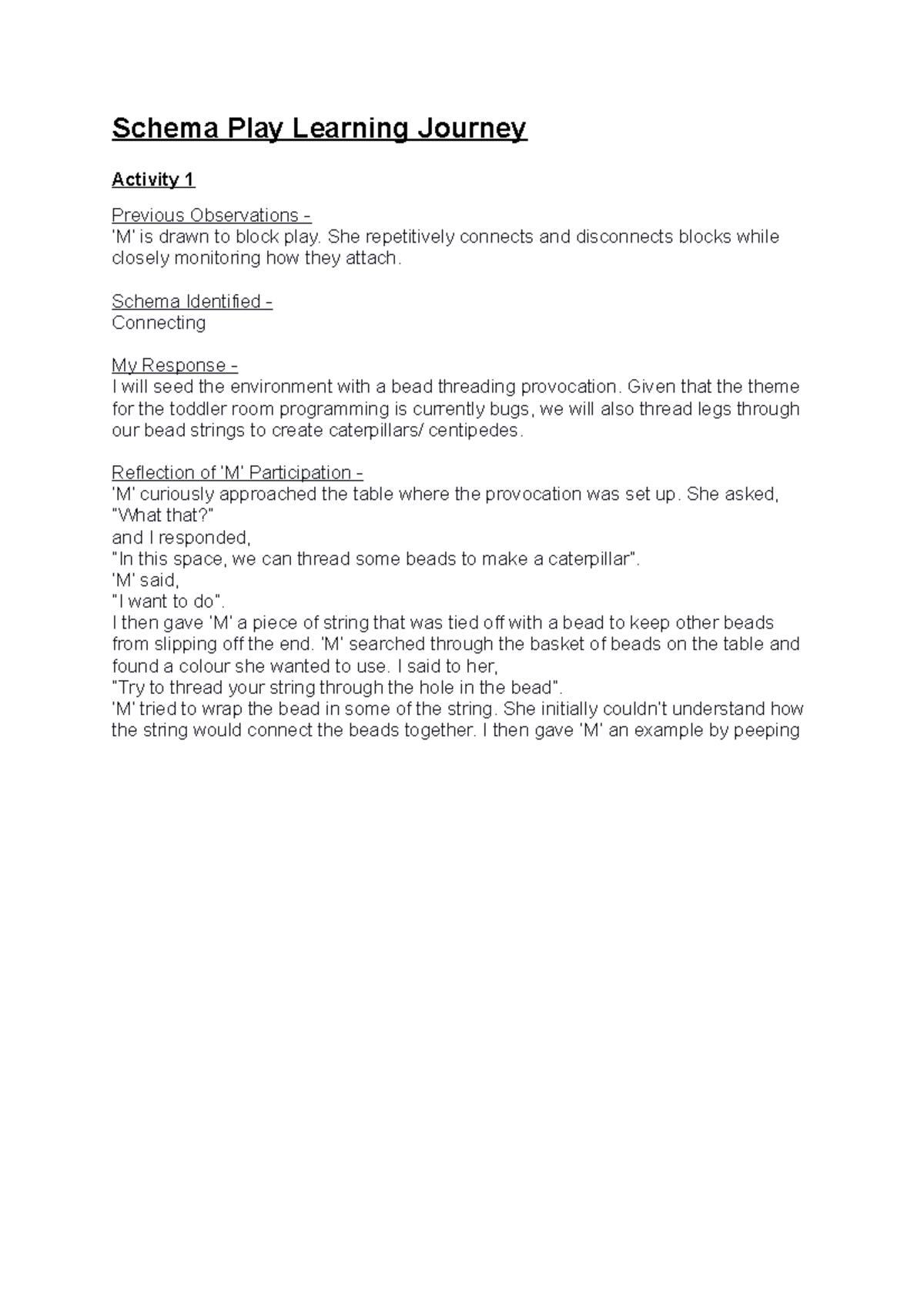 Schema play notes - n/a - Schema Play Learning Journey Activity 1 ...