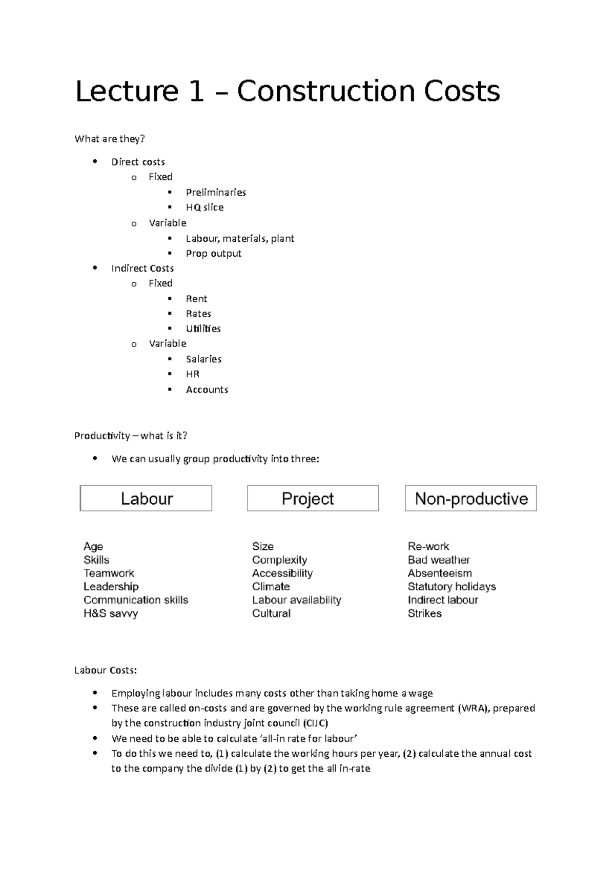 Lecture 2 - Construction Costs - Lecture 1 – Construction Costs What ...