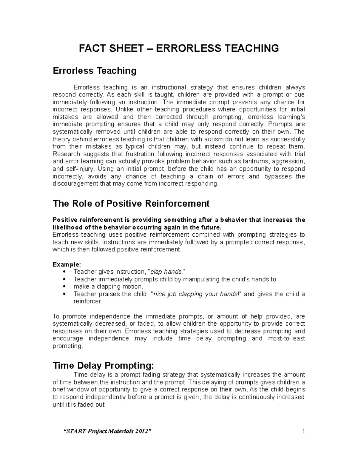 3 - behaviourism - FACT SHEET – ERRORLESS TEACHING Errorless Teaching ...