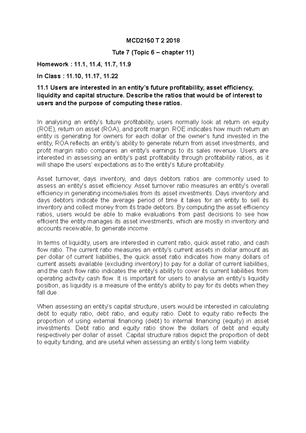 Tute 7 suggested solution - MCD2150 T 2 2018 Tute 7 (Topic 6 – chapter 11) Homework : 11, 11, 11 ...