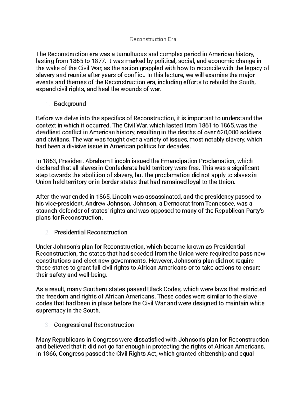 Reconstruction Era - These are notes for college class HIS-132 ...