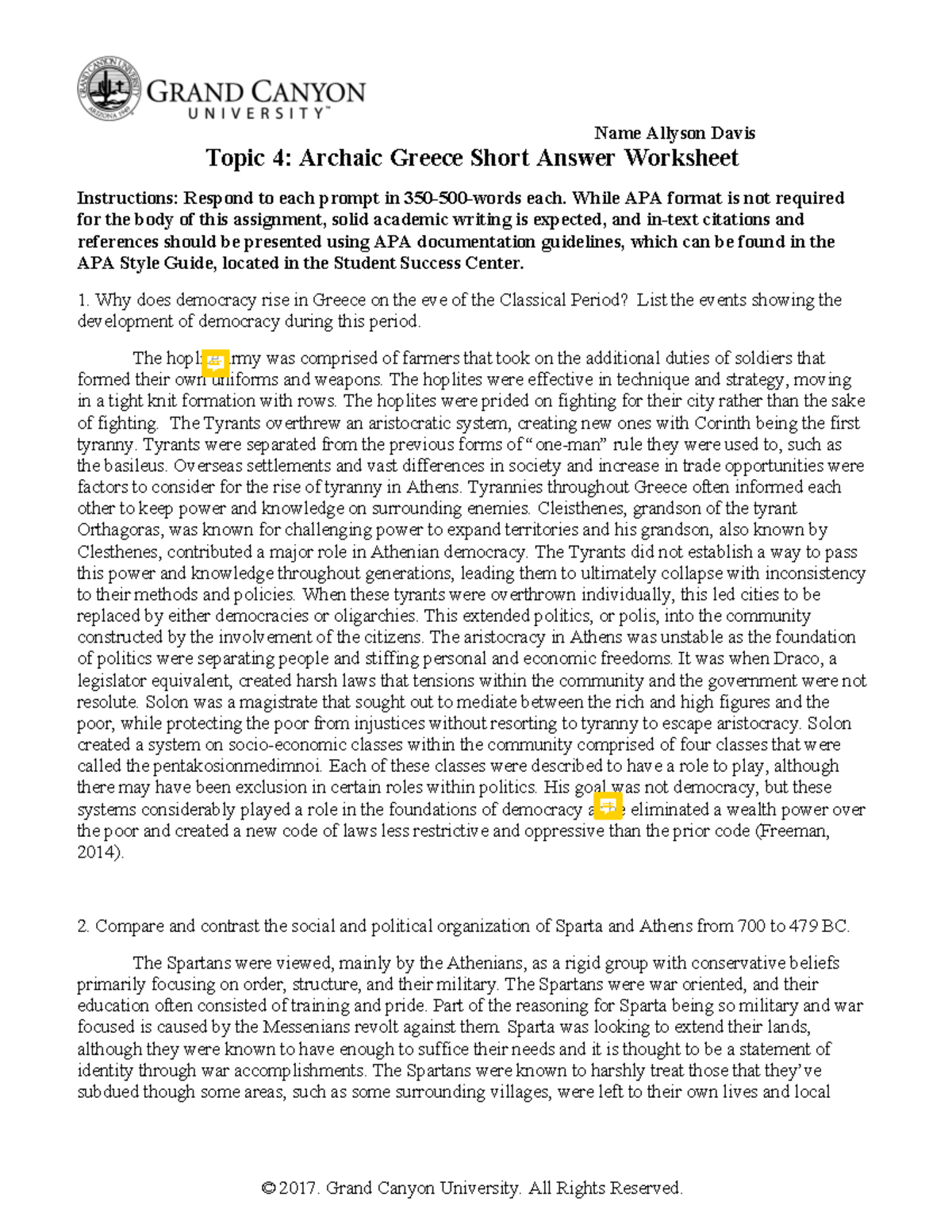 ADavis HIS-325 T4Archaic Greece Worksheet - Name Allyson Davis © 201 7 ...
