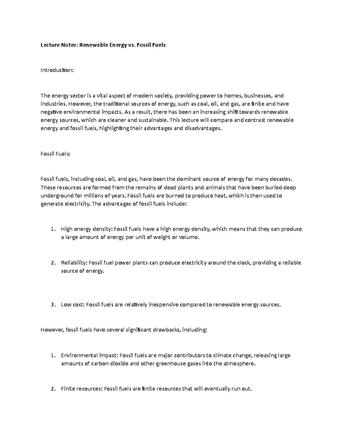 Lecture Notes: Renewable Energy vs. Fossil Fuels - Lecture Notes ...