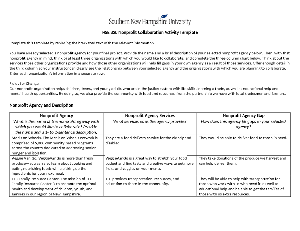 HSE 320 Nonprofit Collaboration Activity Template - HSE 320 Nonprofit ...