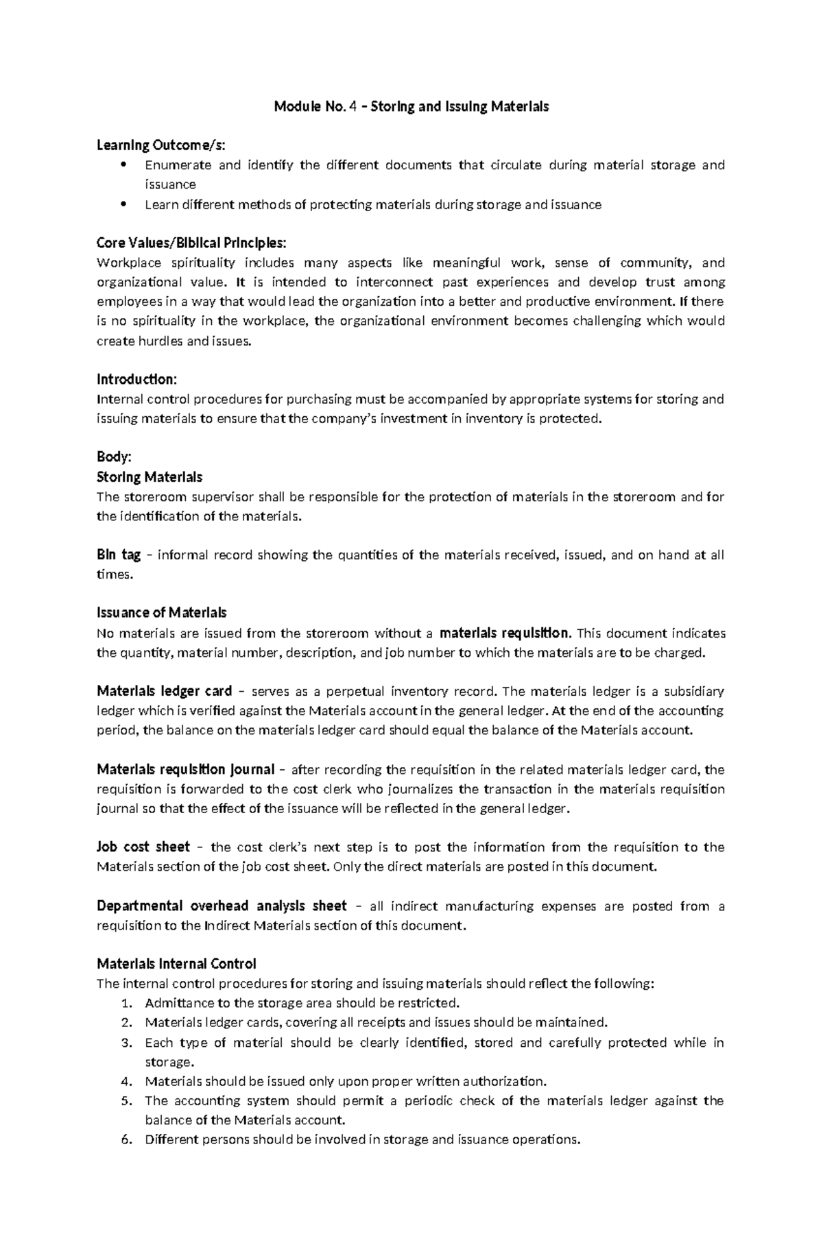 Module No 4 - Storing and Issuing Materials - Module No. 4 – Storing ...