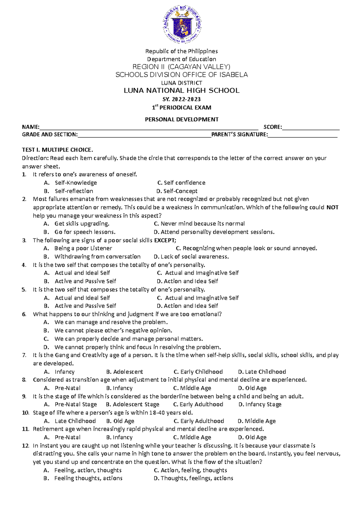 Final 1ST Quarter EXAM IN PER DEV 2023 - Republic of the Philippines ...