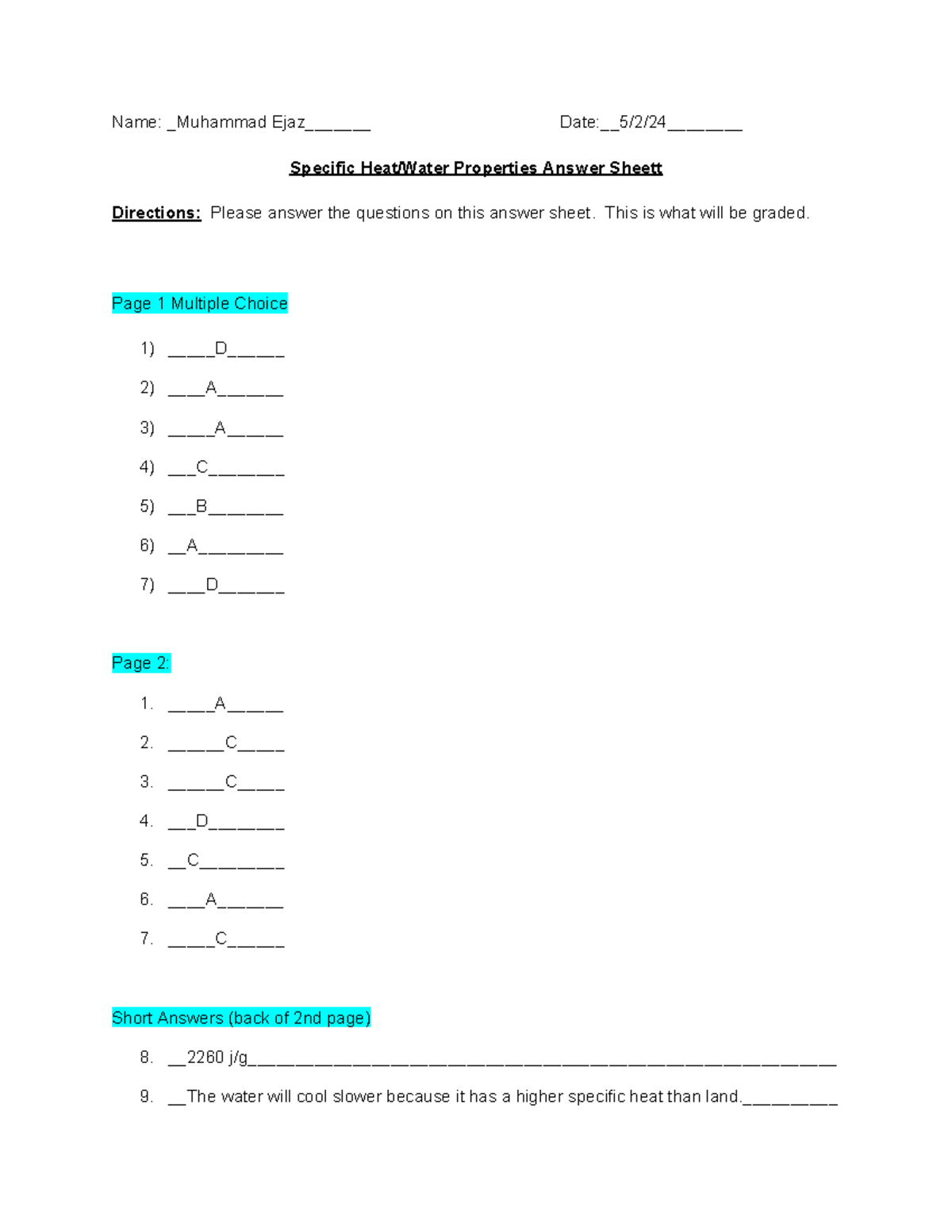 Muhammad Ejaz - Copy of 2. Specific Heat Water Properties Answer Sheet - Name: Muhammad Ejaz ...