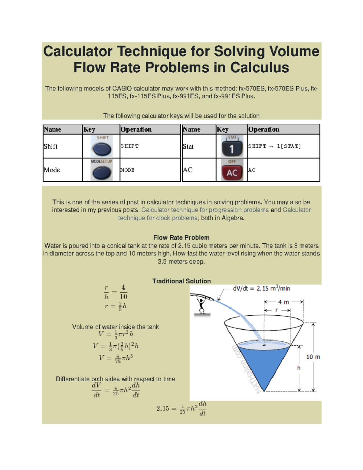 Calculator Technique For Solving Volume Flow Rate Problems In Calculus 