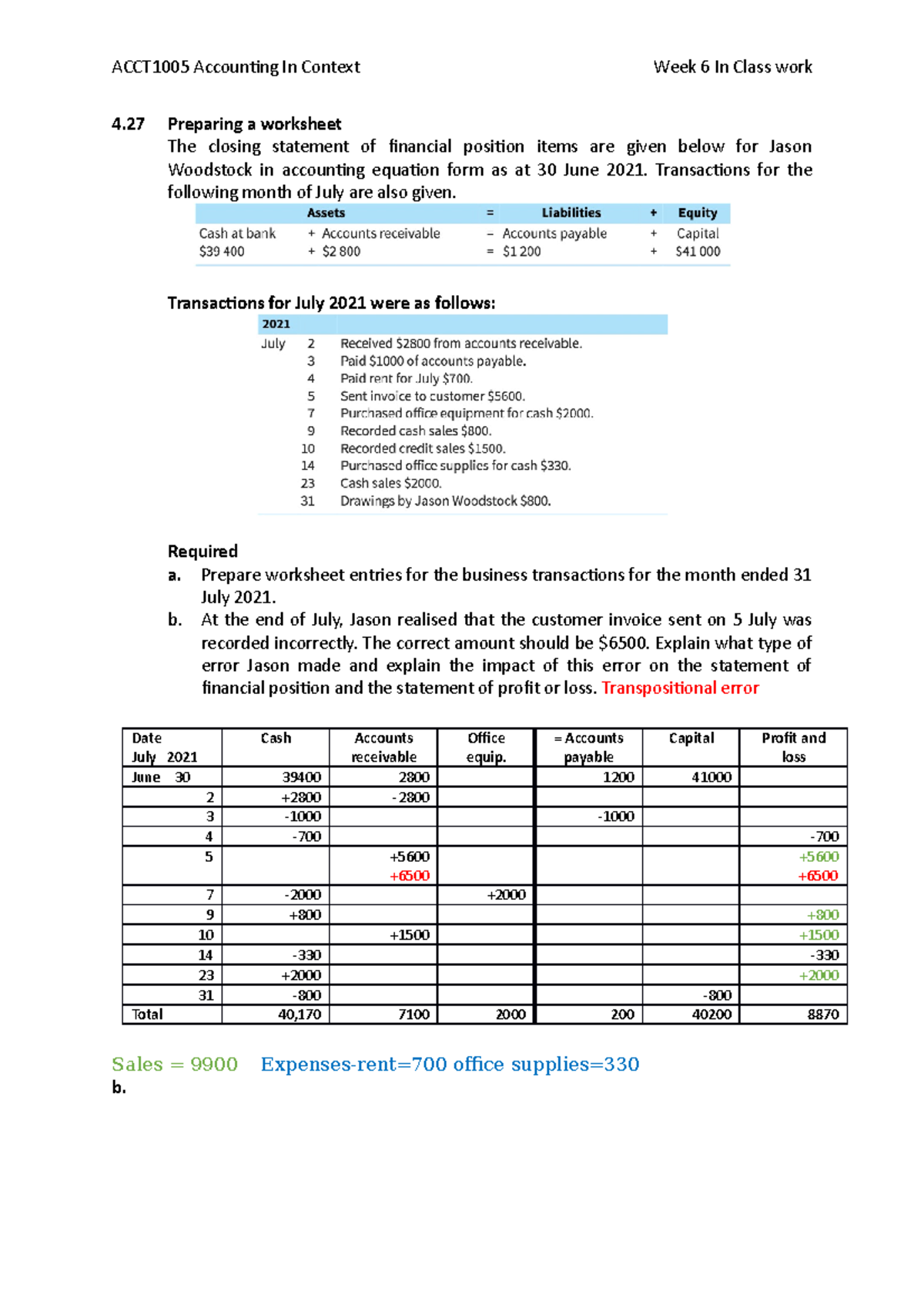 Week 6 in class question 1 - ACCT1005 Accounting In Context Week 6 In ...