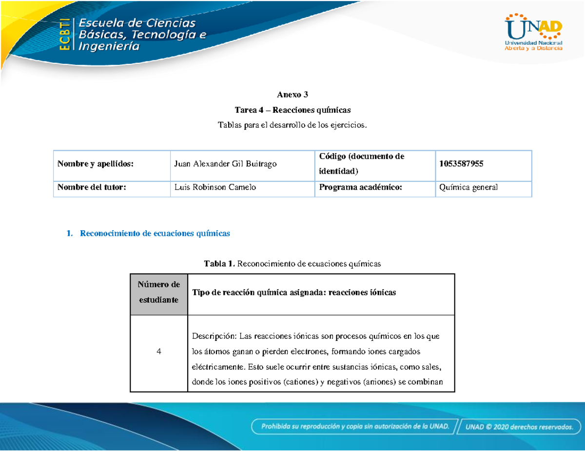 Anexo 3 - trabajo de quimica general - Anexo 3 Tarea 4 – Reacciones químicas Tablas para el ...