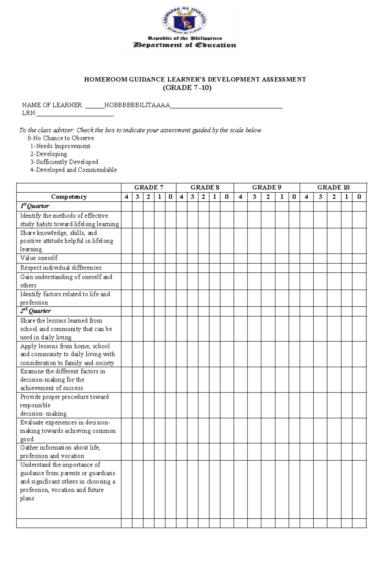 Nooooooob 023449 - HOMEROOM GUIDANCE LEARNER’S DEVELOPMENT ASSESSMENT ...