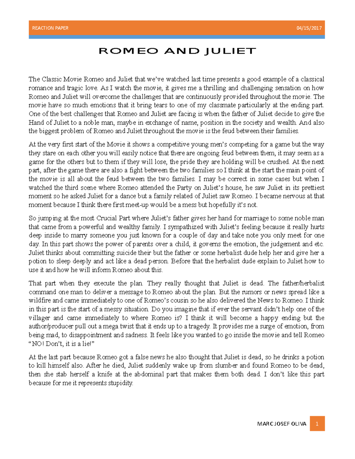Reaction Paper Romeo and Juliet - REACTION PAPER04/15/ ROMEO AND JULIET ...