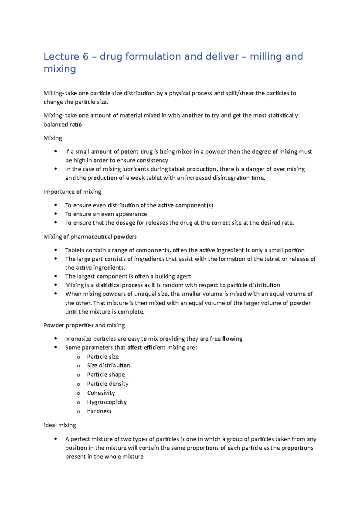 Lecture 6 milling and mixing - Lecture 6 – drug formulation and deliver ...