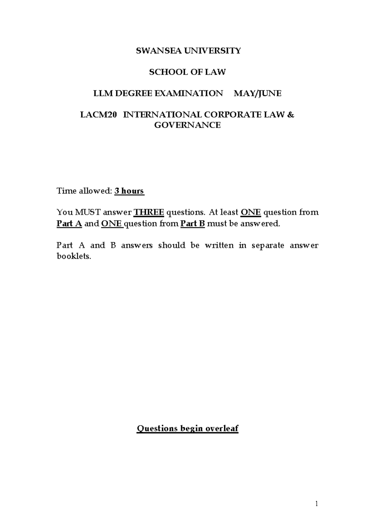 Sample Exam Paper 1 - 1 SWANSEA UNIVERSITY SCHOOL OF LAW LLM DEGREE ...