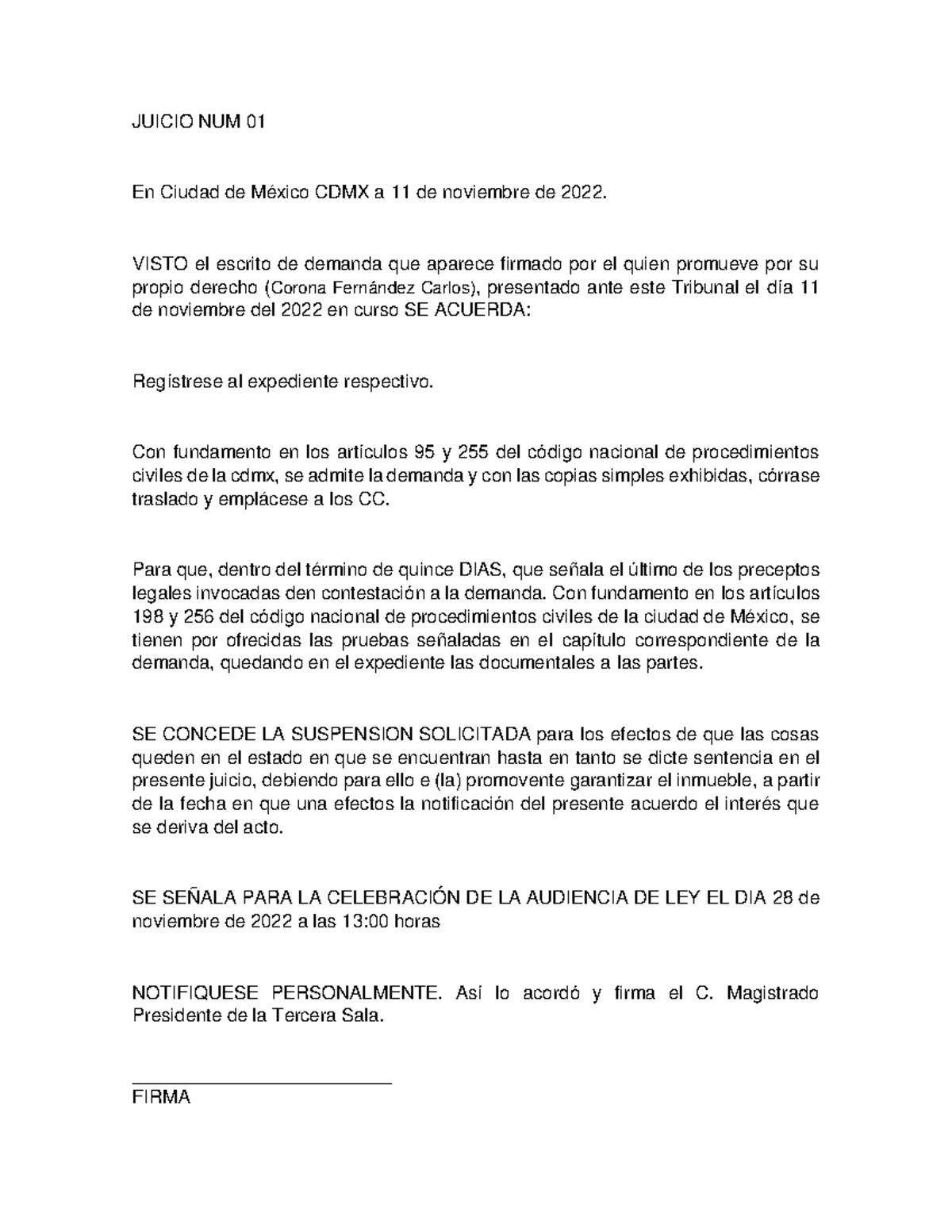 Auto admisorio - JUICIO NUM 01 En Ciudad de México CDMX a 11 de ...