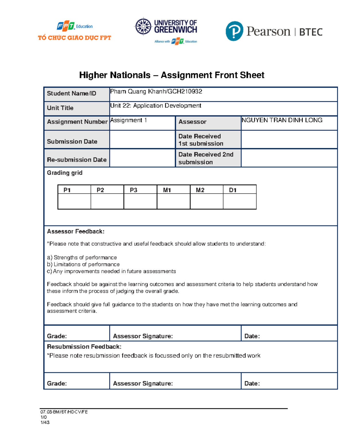 ASM1-Pham Quang Khanh - ................ - 1/ 07-BM/ĐT/HDCV/FE 1/ Higher Nationals – Assignment ...