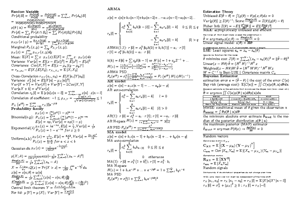 Formula Sheet for exam - Random Variable P r[A|B] = P r[AB] P r[B] = P ...