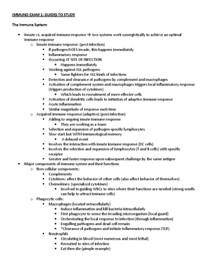 Immunology Exam 1 Study Guide 3 - Immunology Exam 1 I. The Immune ...