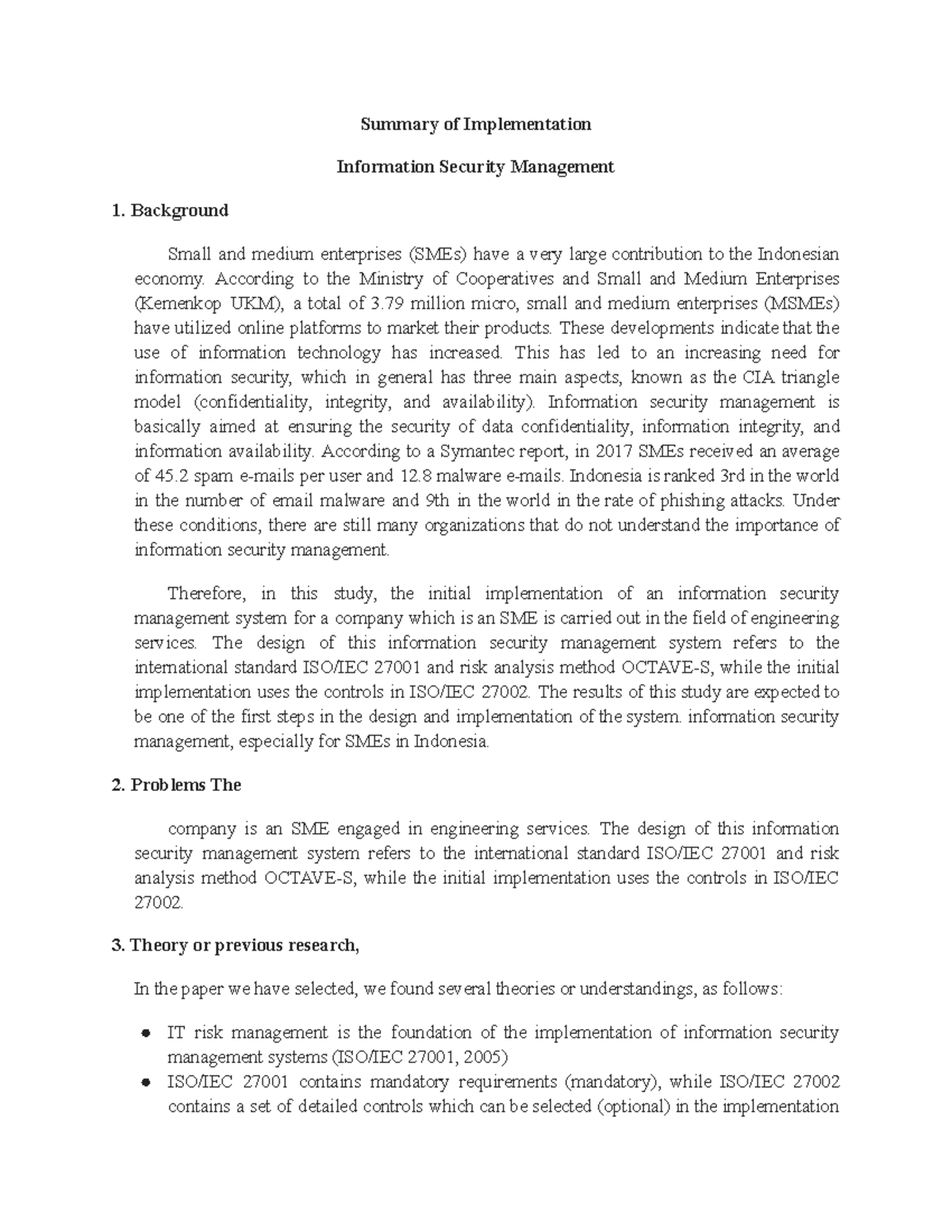 Summary Information Security - Summary of Implementation Information Security Management 1 ...