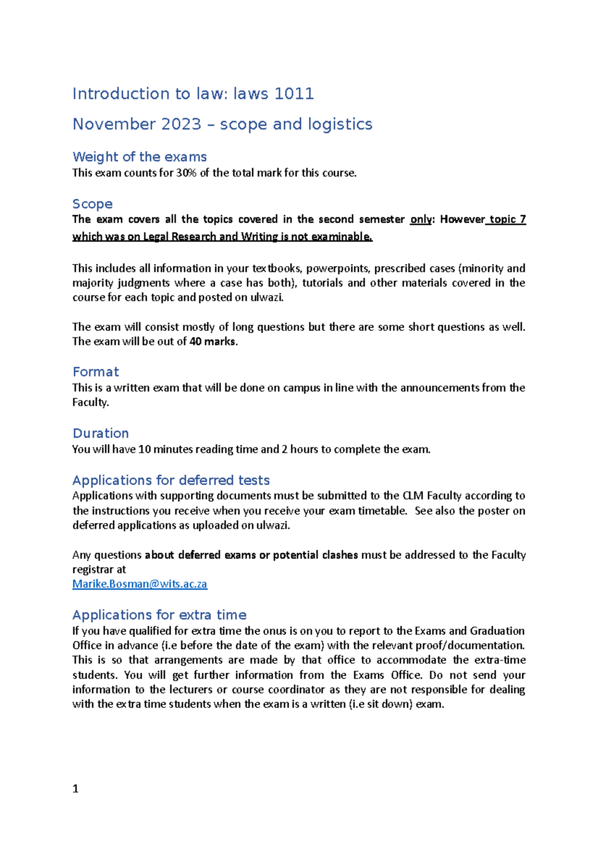 Intro 2023 Nov Exam Scope and format - Introduction to law: laws 1011 November 2023 – scope and ...