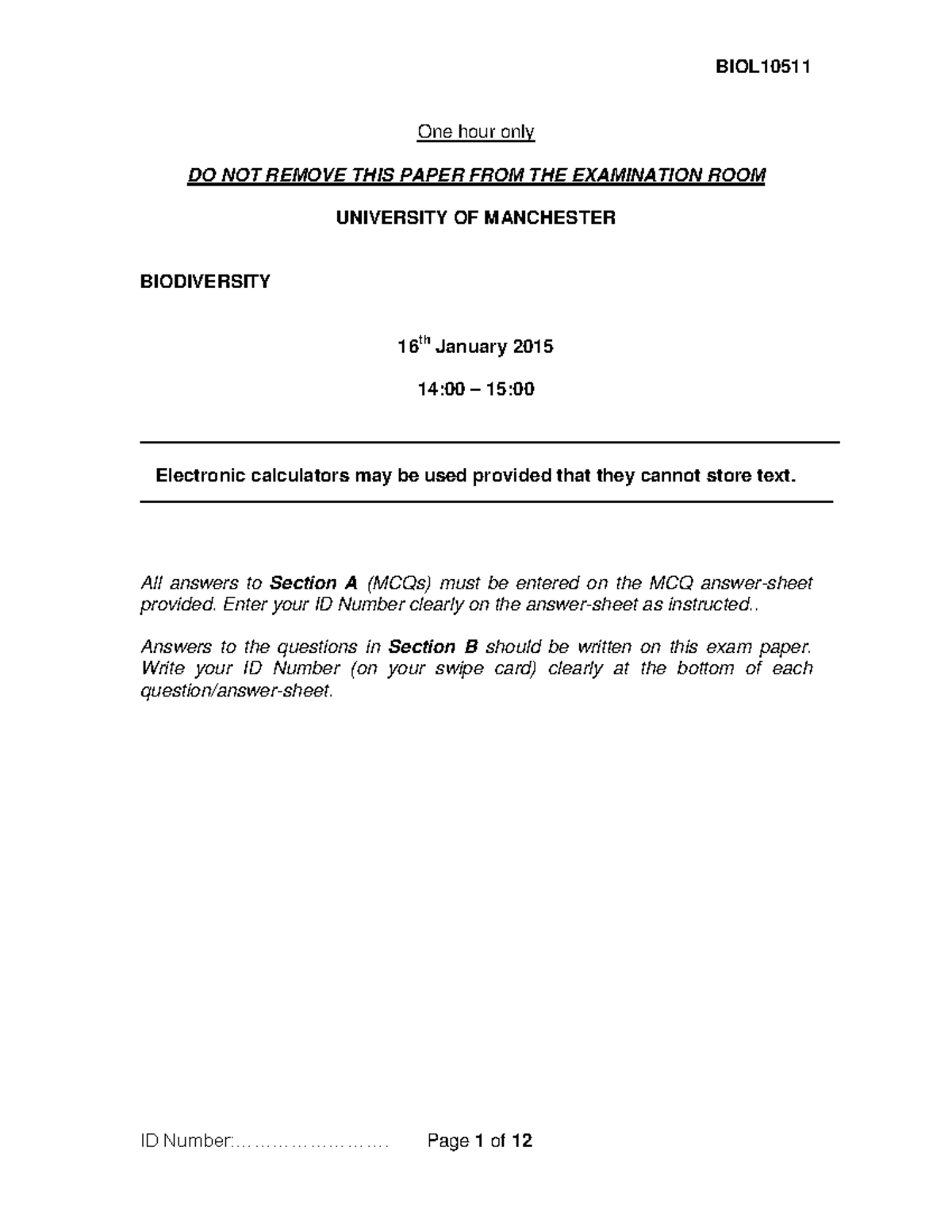 Exam January 2015, Questions - First Year Exam - One hour only DO NOT ...