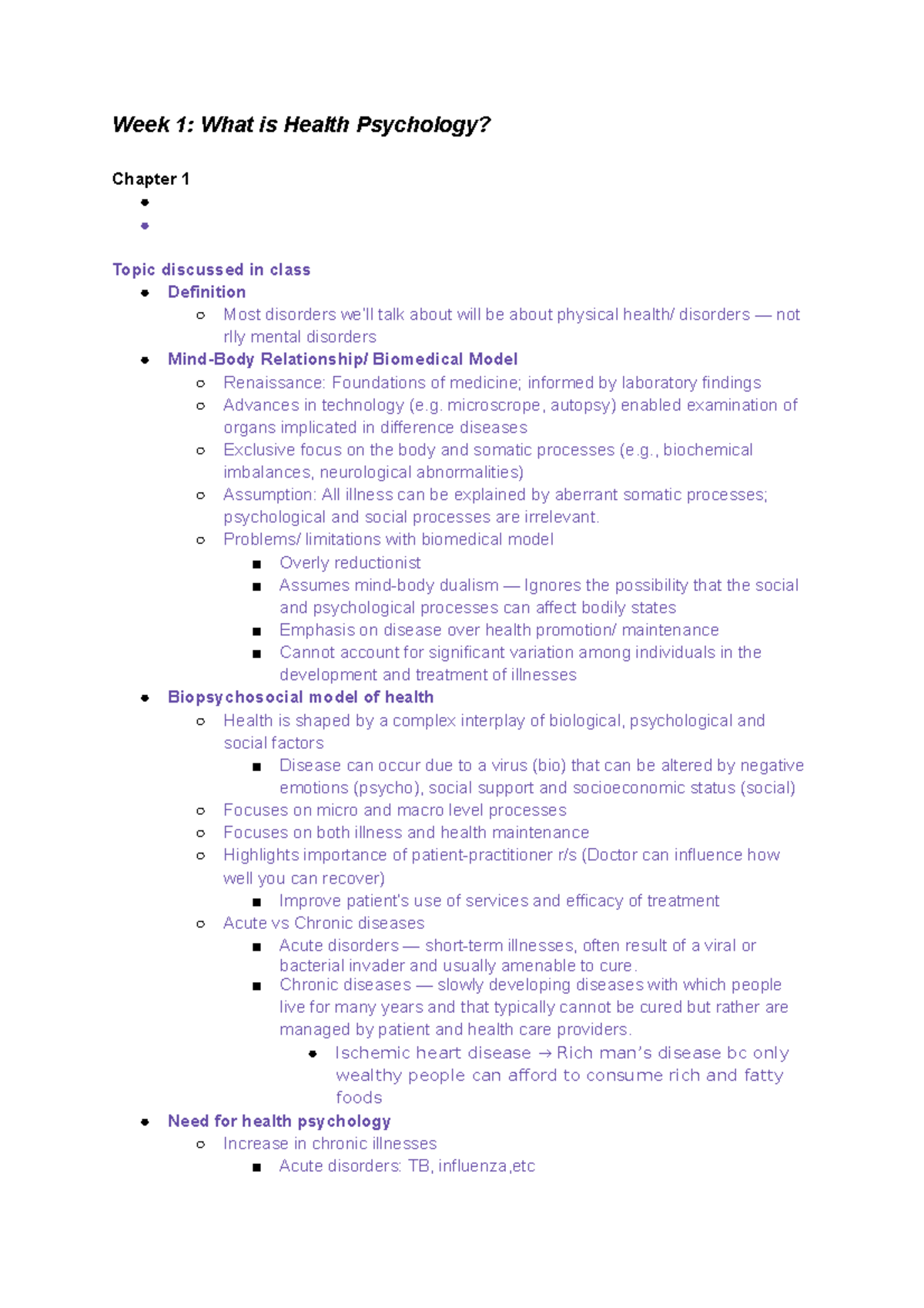 Class Notes - PSYC112 (Health Psychology) - Week 1: What is Health ...