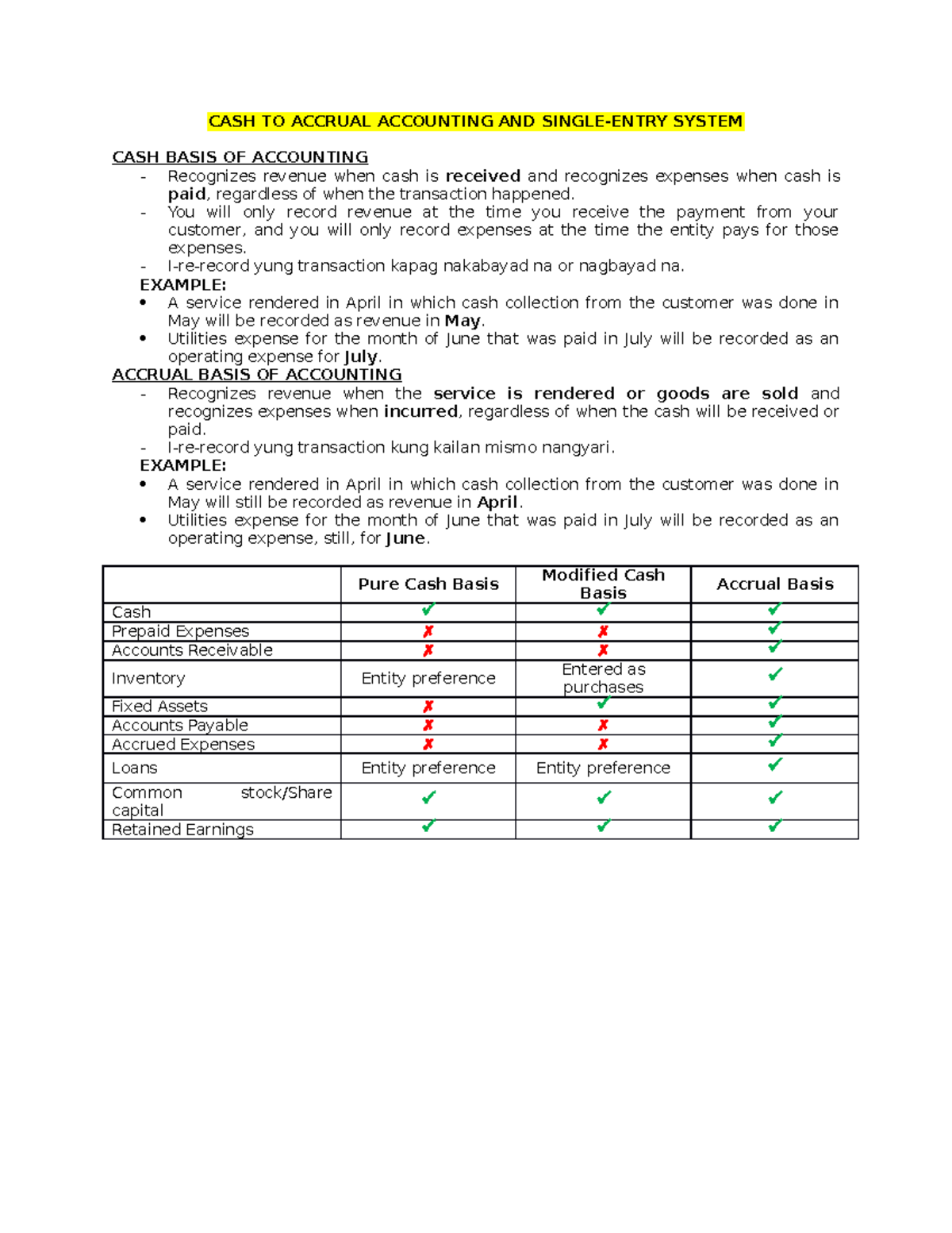 CASH TO Accrual Accounting Notes - CASH TO ACCRUAL ACCOUNTING AND ...