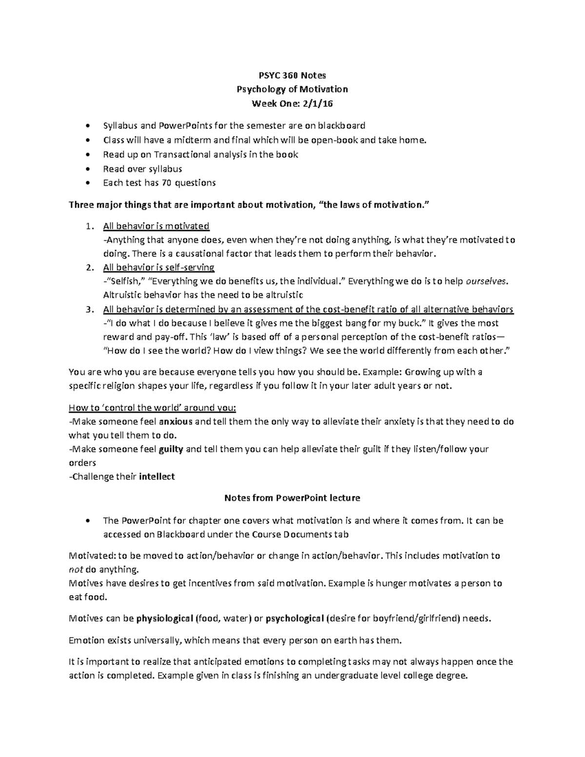 Lecture notes, lectures 1-14 - PSYC 360 Notes Psychology of Motivation ...