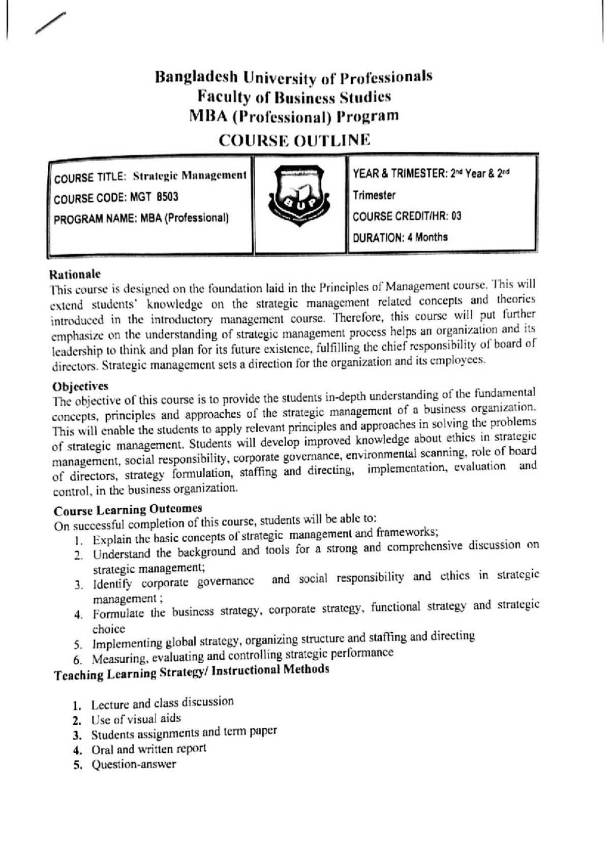 Strategic Management Course Outline - Business Communication - Studocu