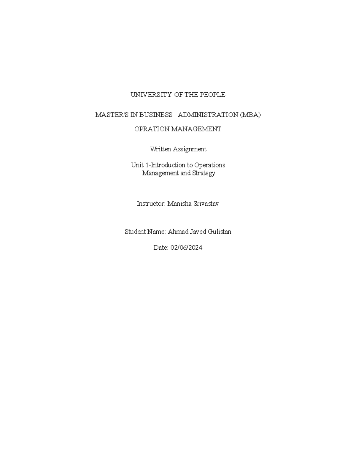 Operation Management -Written Assignment Unit 1 - UNIVERSITY OF THE ...