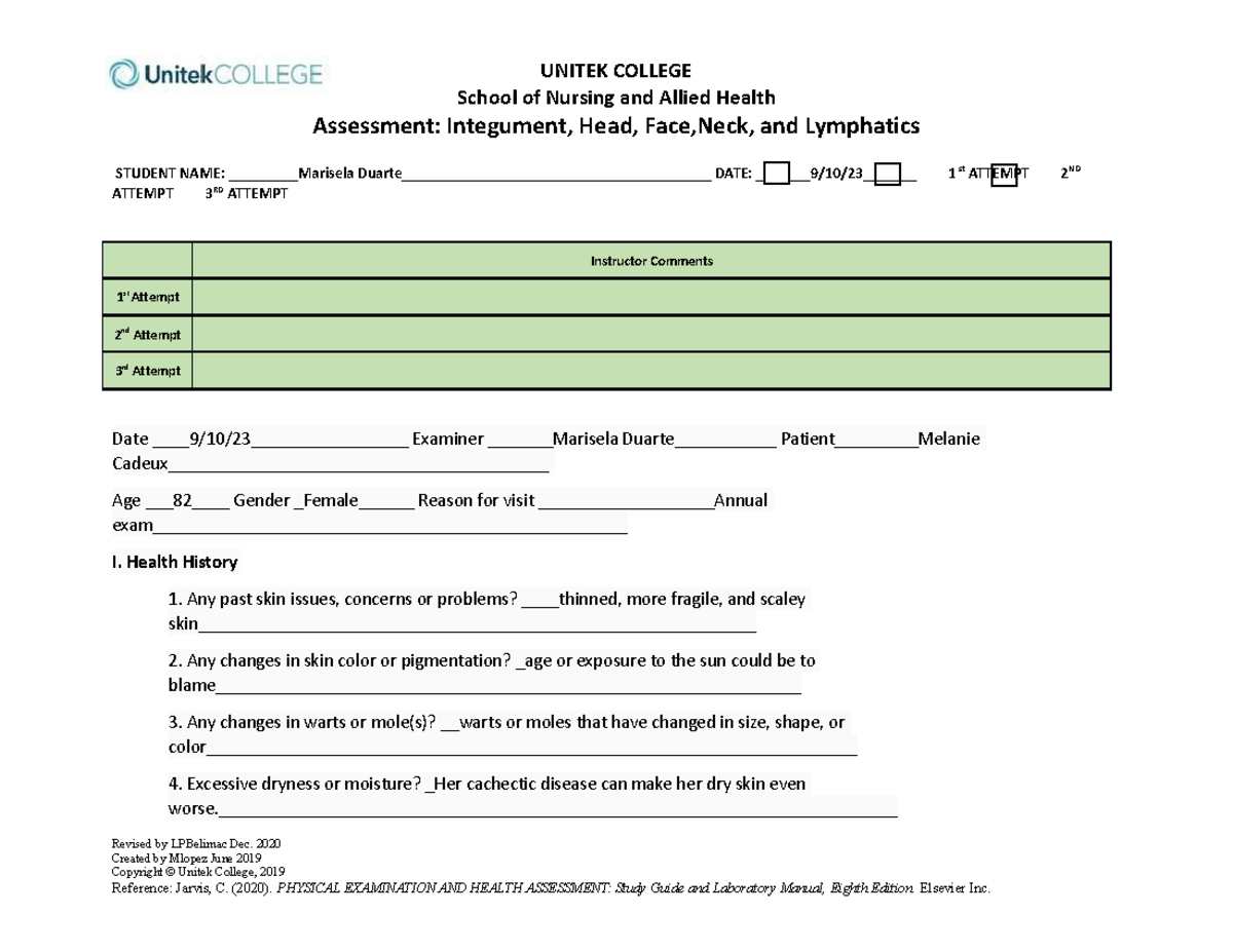 Integument, Head, Face, Neck, and Lymphatics Check-Off form - School of ...