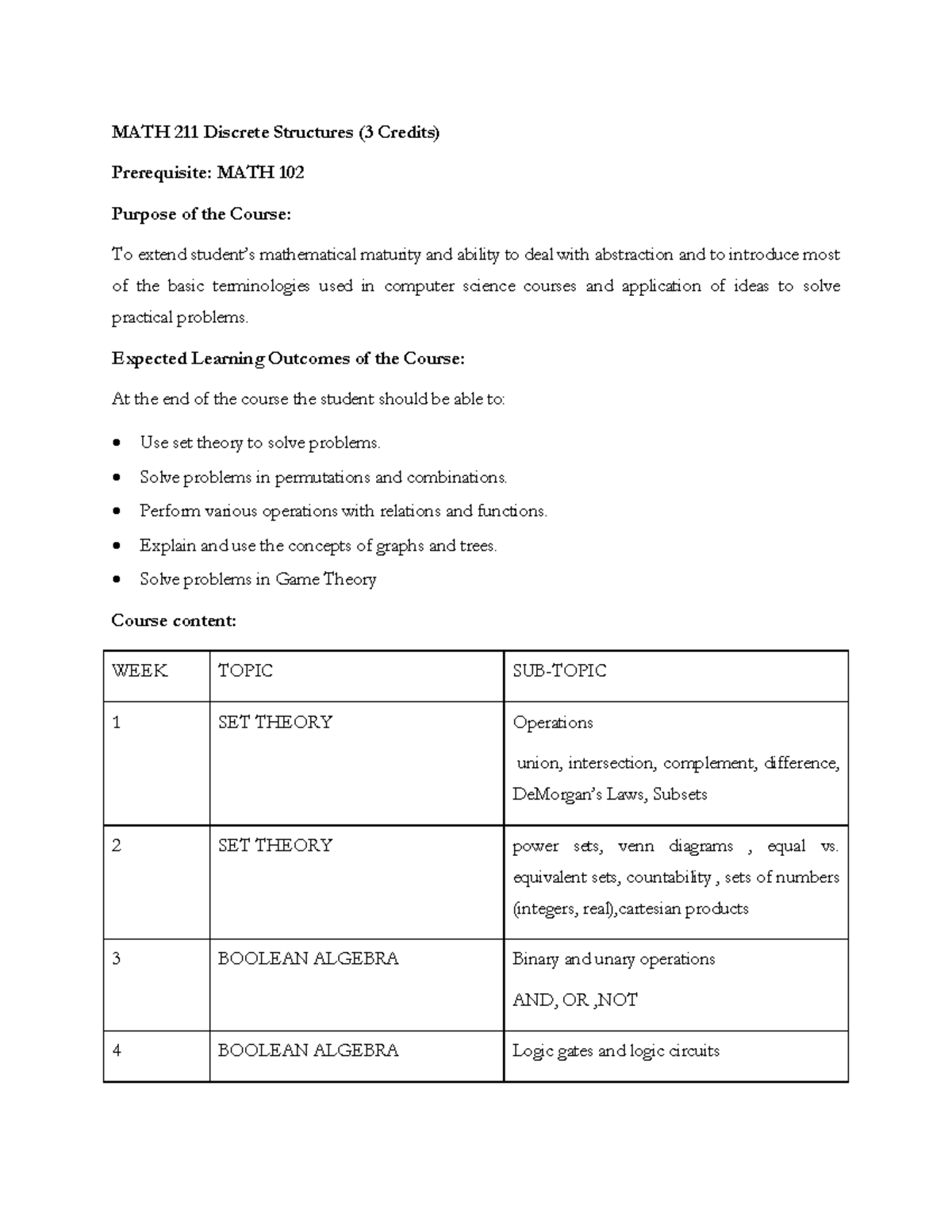 MATH 211 course outline - MATH 211 Discrete Structures (3 Credits ...