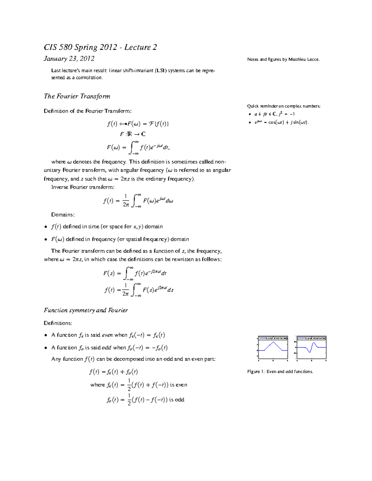 Lecture 2 - Fourier Transform - January 23, 2012 Notes and figures by ...