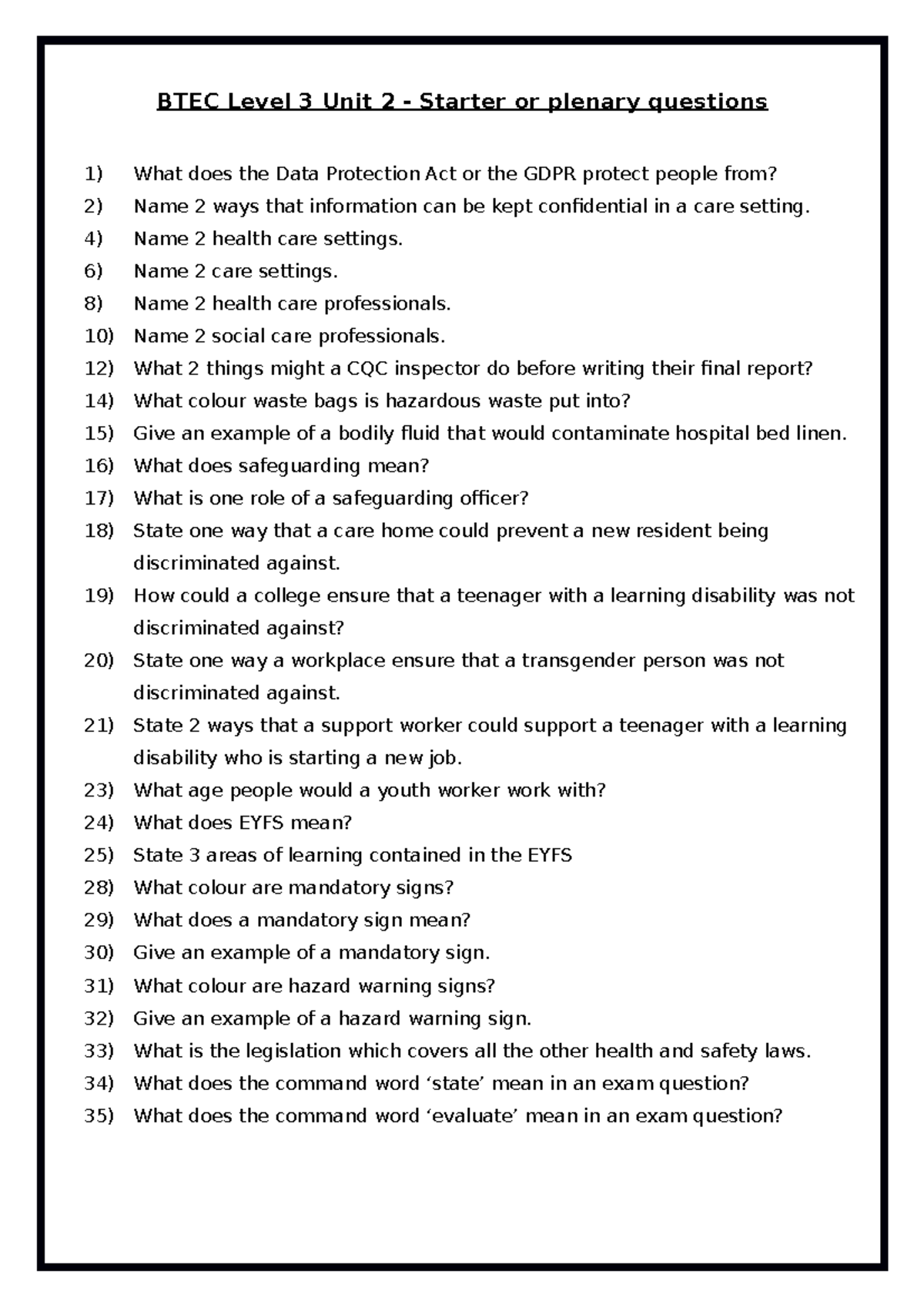L3 U2 plenary quiz questions - BTEC Level 3 Unit 2 - Starter or plenary ...