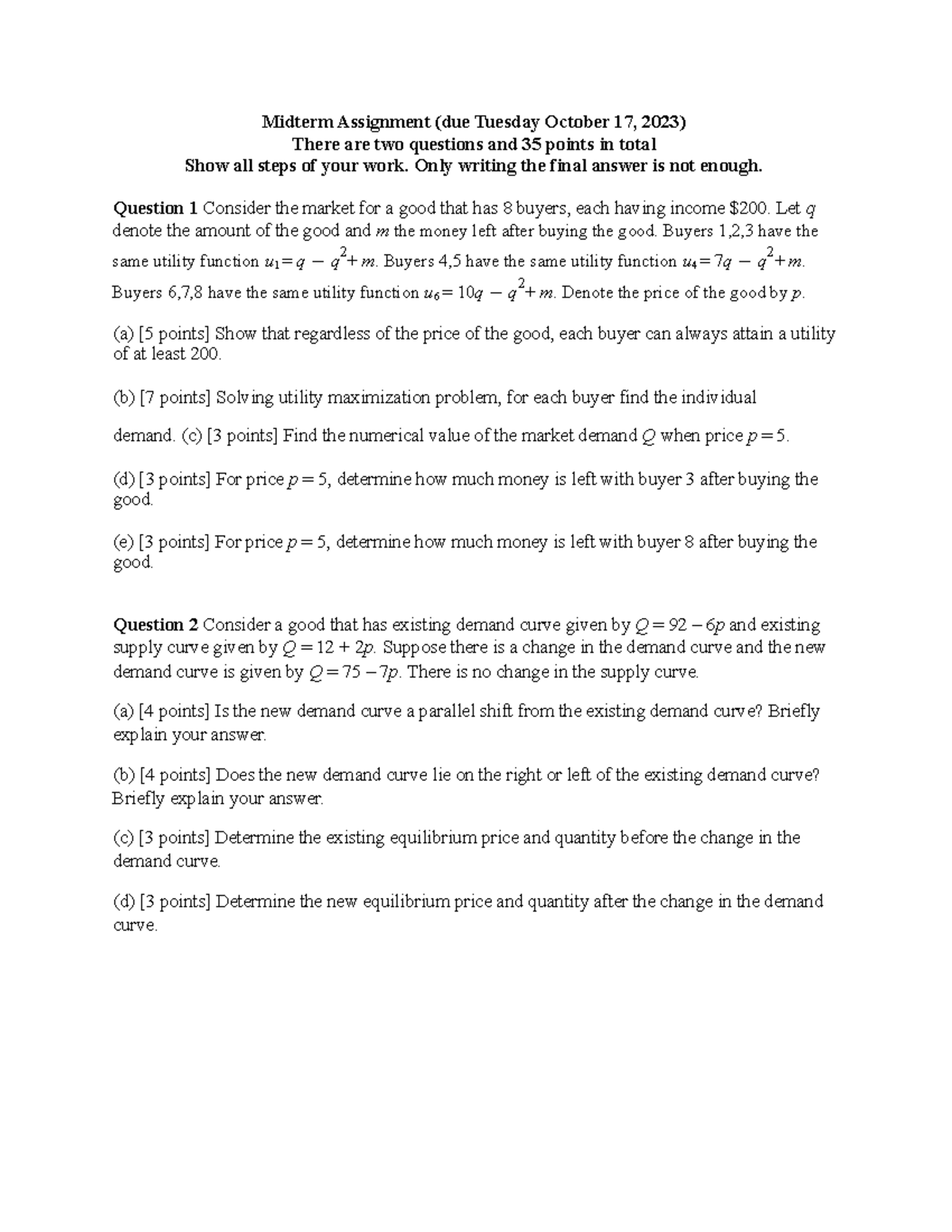 Midterm assignment -sen - Midterm Assignment (due Tuesday October 17, 2023) There are two ...